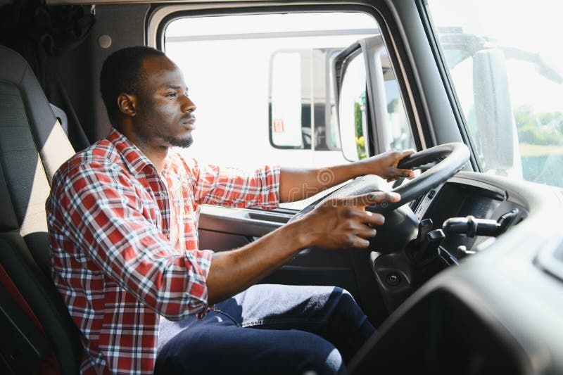 Courier Delivery. Black Man Driver Driving Delivery Car. Stock Photo ...