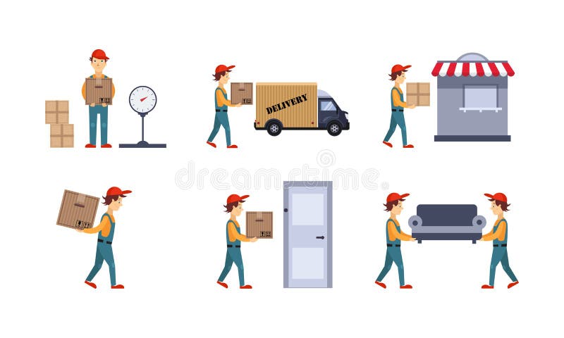 Courier or Delivery Men Set, Workers Delivering Boxes, Parcels, Express ...