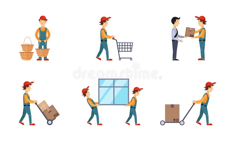 Courier or Delivery Men Set, Workers Delivering Orders, Boxes, Parcels ...