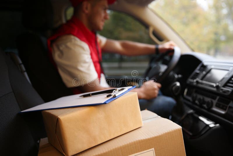 Courier Man Driving Cargo Car Delivering Package Stock Photo - Image of ...