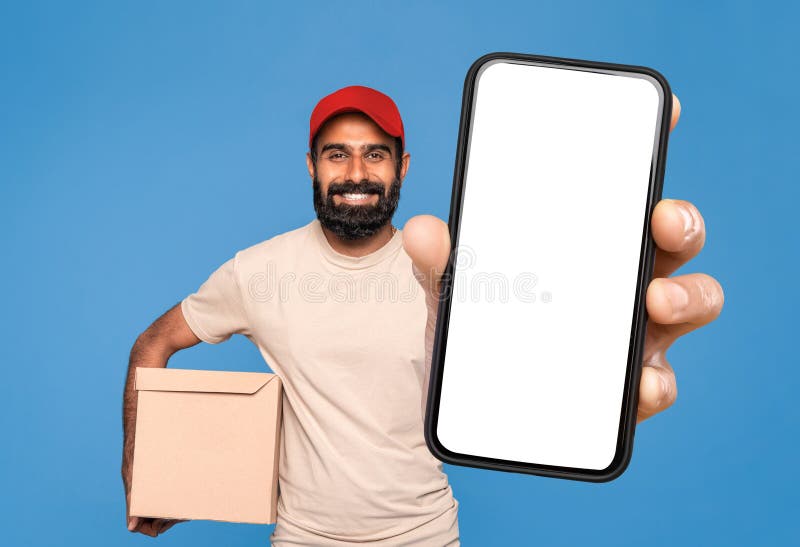 Courier Guy Presenting Large Empty Cellphone Screen on Blue Background ...