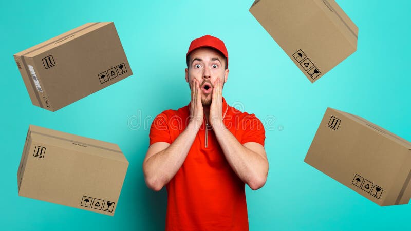 Courier Has a Wondered Expression about a Great Promotion with Falling ...