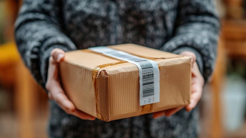 Courier Holding Cardboard Box with Barcode for Delivery Stock Image ...