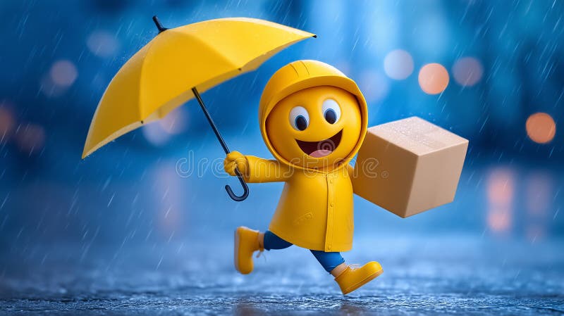 Courier Joyfully Walks with Parcel and Umbrella in Light Drizzle ...