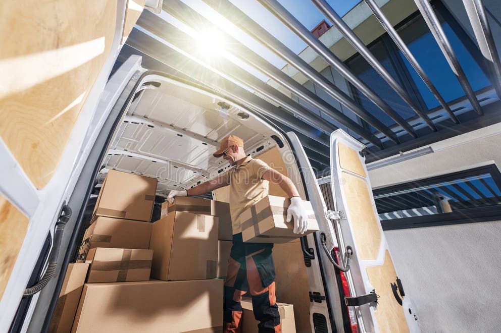 Courier Loading Boxes into Moving Van Stock Image - Image of service ...
