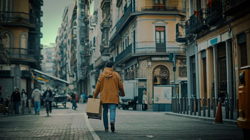A Courier Man Carrying a Cardboard Box Package by Hand in a Busy Urban ... A Courier Man Carrying a Cardboard Box Package by Hand in a Busy Urban ...