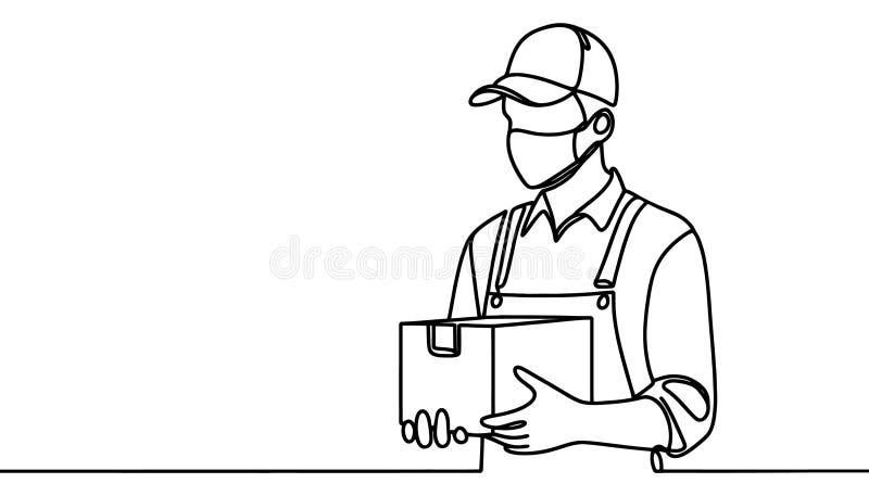 Courier in Mask Holding Parcel, One Line Vector Drawing. Delivery ...