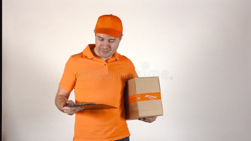 Courier in Orange Uniform Delivering a Parcel. Light Grey Backround, 4K ...
