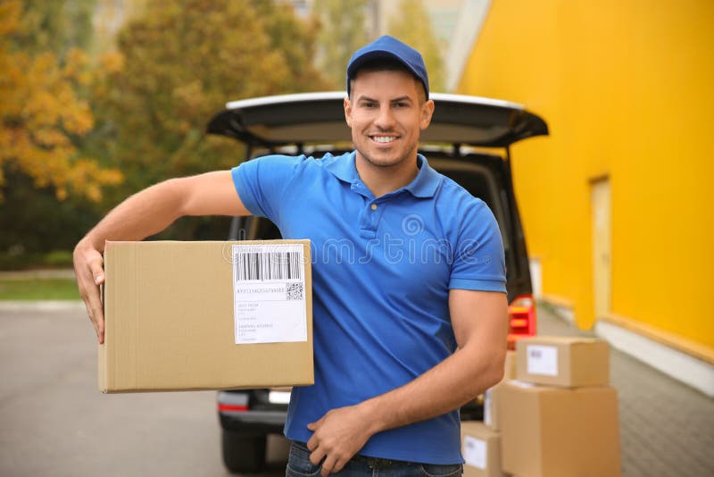 Courier with Parcel Near Delivery Van Outdoors Stock Image - Image of ...