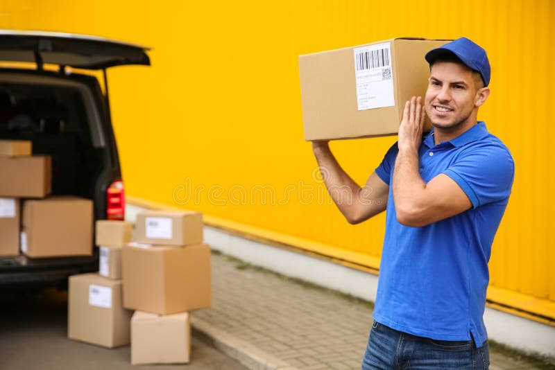 Courier with Parcel Near Delivery Van Outdoors. Space for Text Stock ...