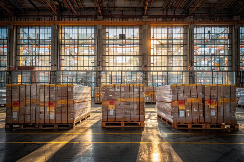 Courier Parcels on Pallets in Distribution Center Hangar with Stickered ...