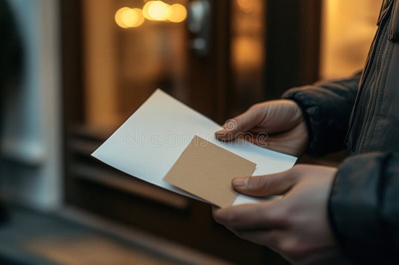 Courier Places Priority Document Envelope on Doorstep in Soft Lighting ...