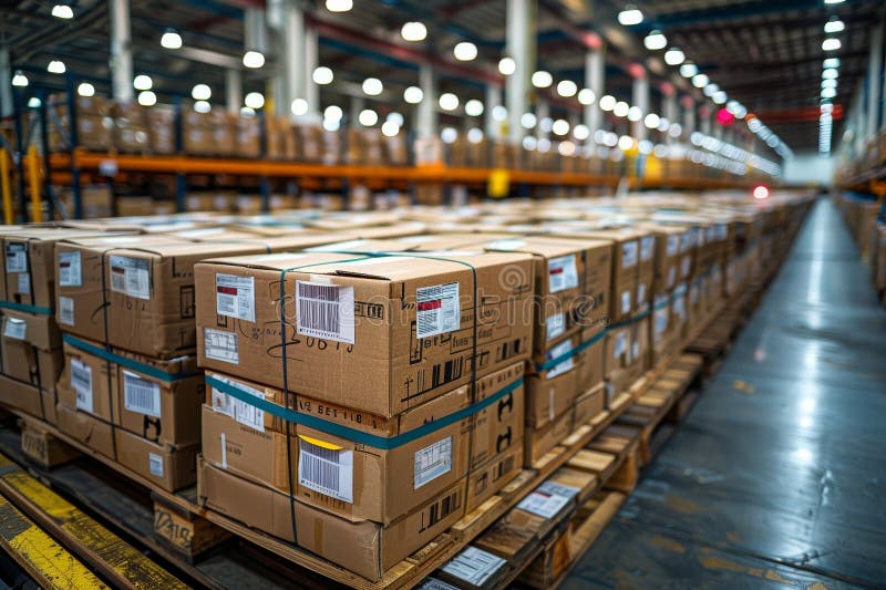 Courier Ready Cardboard Parcels on Pallets in Distribution Center ...