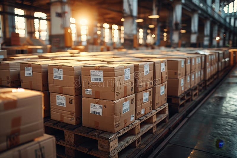Courier Ready Parcels on Pallets in Distribution Center Hangar with ...
