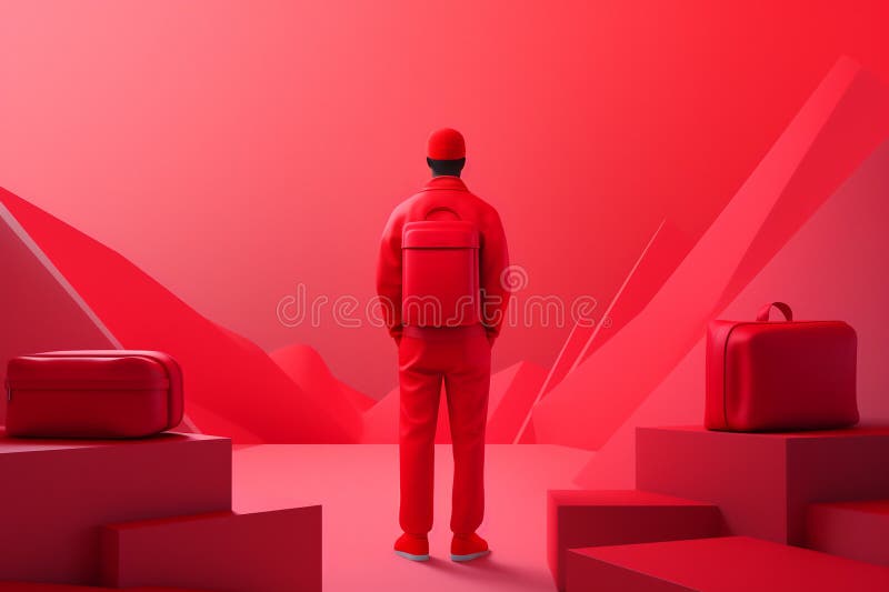 Courier with Red Uniform and Backpack, Back View, Carrying Package ...
