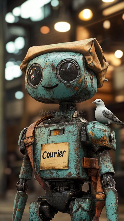 Courier Robot with a Bird Resting on Its Shoulder in an Urban ...
