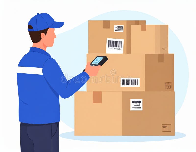 Courier Scanning Barcodes on Cardboard Boxes with Mobile Device Stock ...