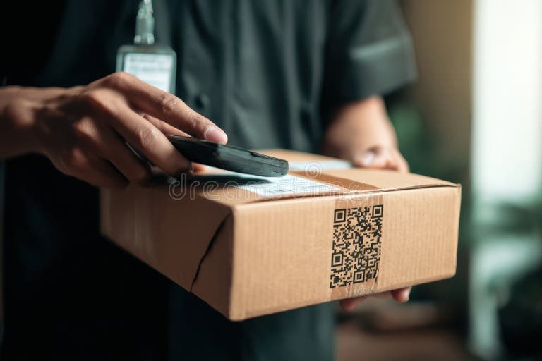 Courier Scans QR Code on Package during Delivery Process in a Clean Interior Setting Stock Photo ...