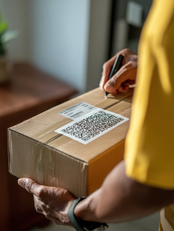 Courier Scans QR Code on Package during Delivery in a Well-Lit Indoor ...
