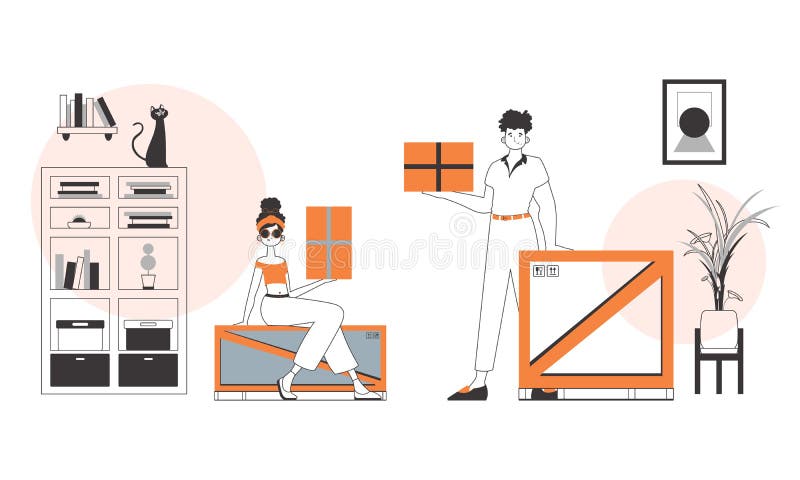 Courier Team. Parcel Delivery Concept. Linear Modern Style. Stock ...