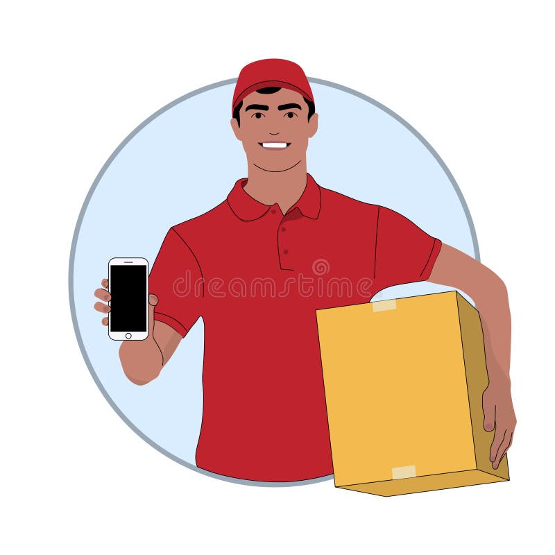 Courier in Uniform Holds a Smartphone and a Box Stock Vector ...