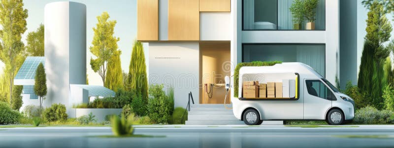 Courier Unloads Parcels Electric Delivery Van Parked Front Modern House ...