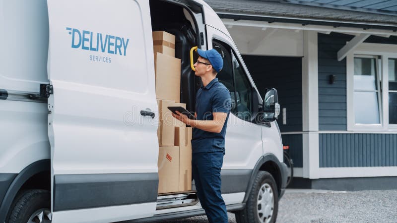 Courier Using Tablet Computer Next To Open Delivery Van Side Door with ...