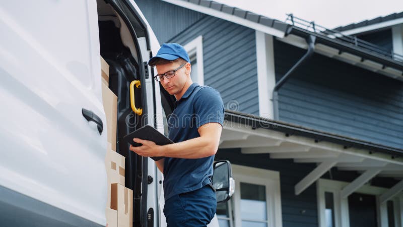 Courier Using Tablet Computer Next To Open Delivery Van Side Door with ...