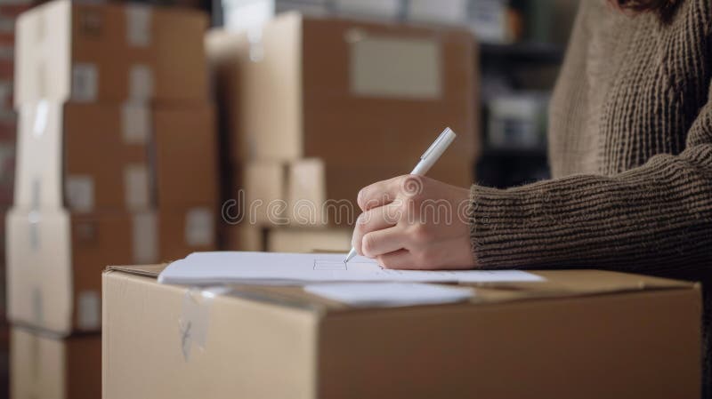 Courier Writing on Papers in a Delivery Center with Boxes Around ...