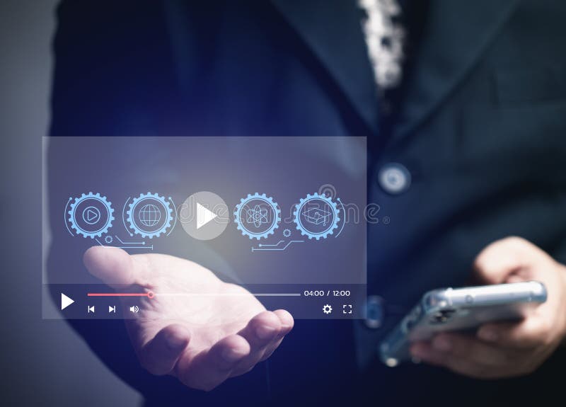 Course on Demand Concept. User Holding a Virtual Screen in His Hand ...