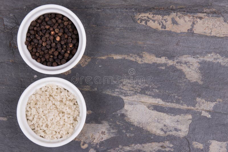 Course Gray Salt and Peppercorns in Small Ramekins on Gray Slate Stock ...