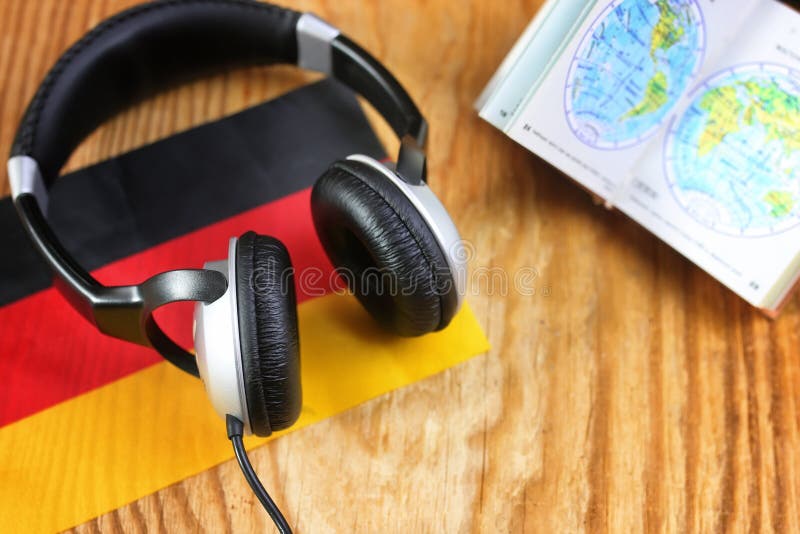 Course Language Headphone and Flag on a Table Stock Image - Image of ...