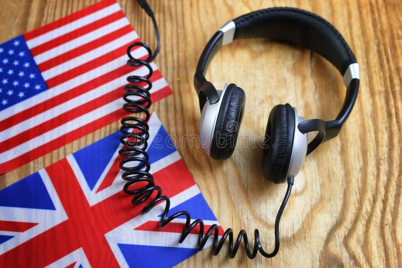 Course Language Headphone and Flag on a Table Stock Photo - Image of ...