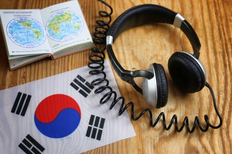 Course Language Headphone and Flag on a Table Stock Photo - Image of ...