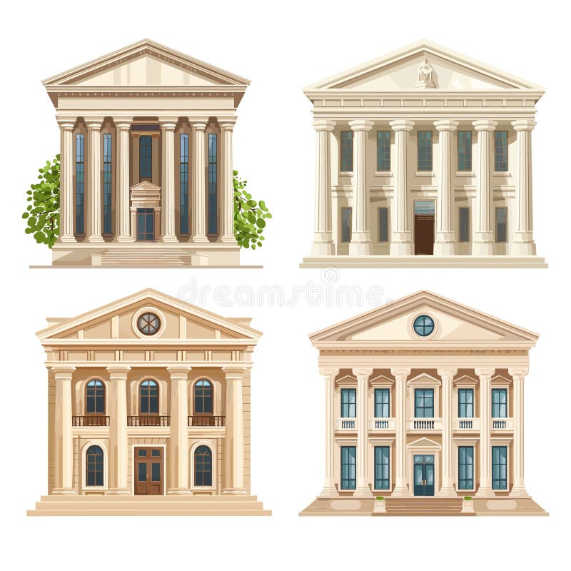 Courthouse Cartoon Vector Set. Cornice Window Columns Stone Bank ...
