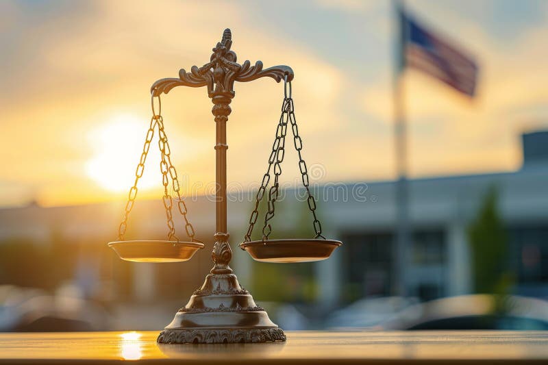 Courthouse with Scales of Justice and American Flag Representing ...