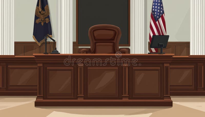 Courtroom Interior with a Judge S Bench, Flags, and Decorative Elements ...