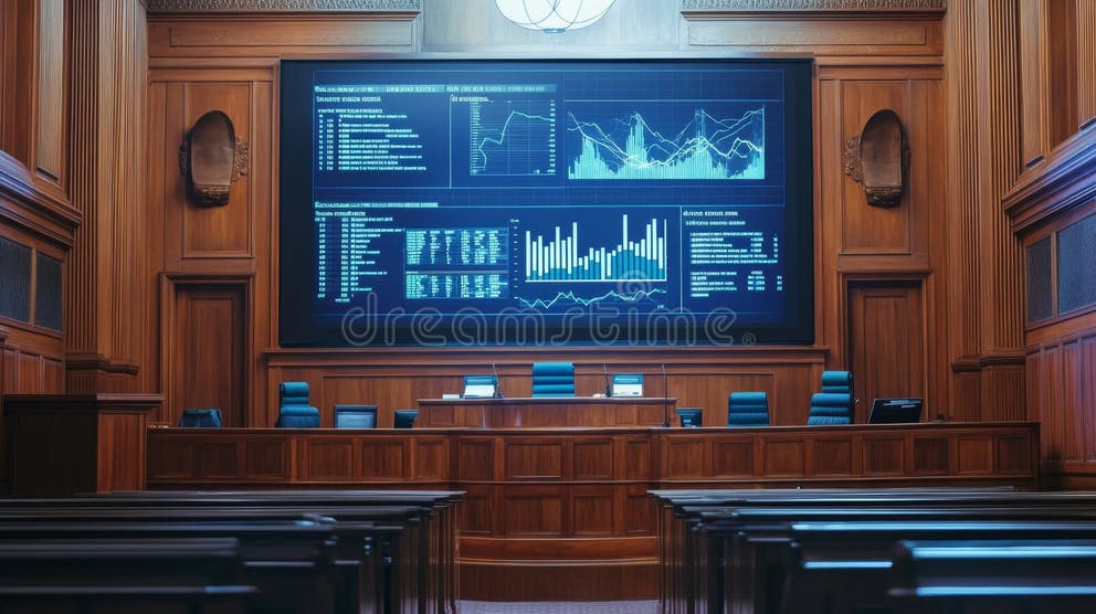 Courtroom Interior with Large Screen Displaying Statistics Data Stock ...