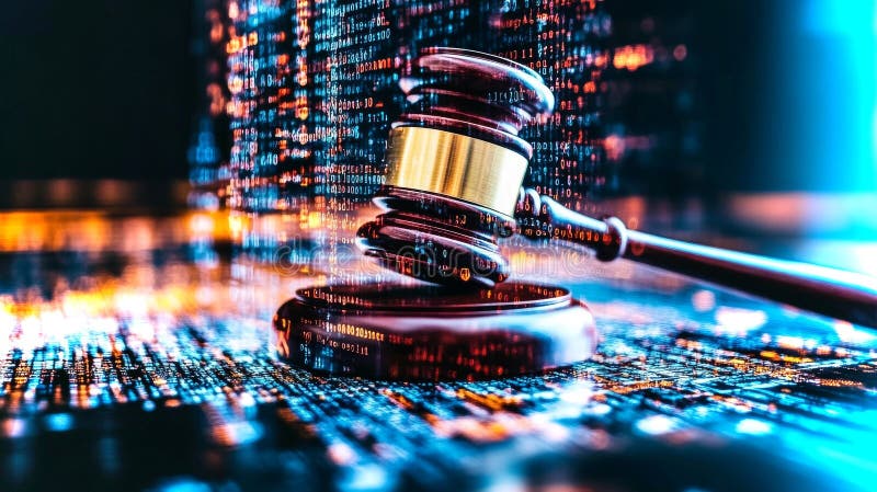 Courtroom Judgment with a Gavel and Digital Data Illustrating the ...