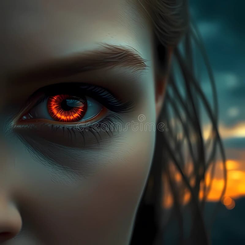 Cinematic Hyperrealism: Glowing Amber-Red Eyes in Dramatic Smoky Close ...