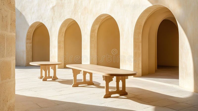 Courtyard Arched-hallway Tables Sunlight Architecture Design Stock ...