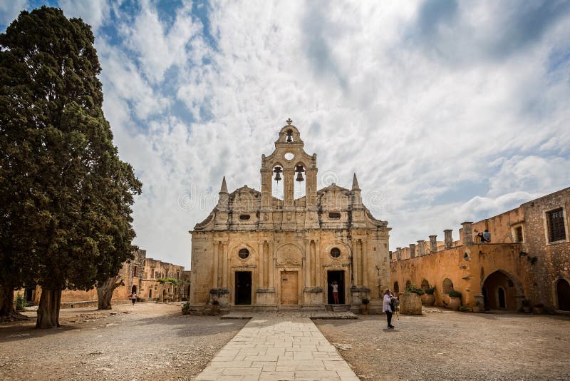 Courtyard of the Arkadi Monastery with Large Flower Pots in Crete ...