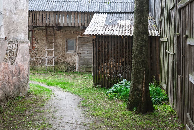 Courtyard with Barn and Wood Stock Image - Image of construction ...
