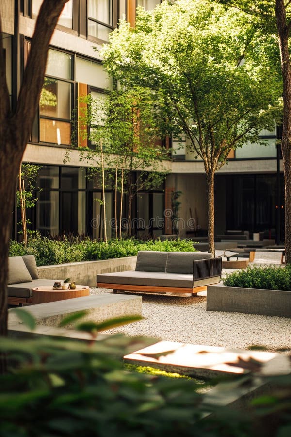 Courtyard with Benches and Trees Stock Photo - Image of seating, urban ...