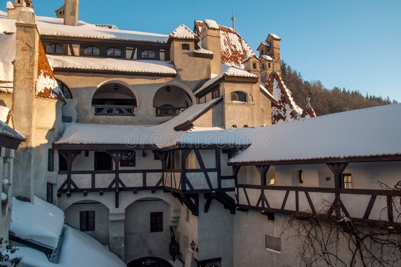 Courtyard of the Bran Castle in Winter Stock Image - Image of medieval ...