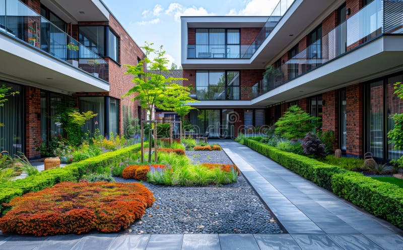 A Courtyard with a Brick Building and a Green Tree. the Courtyard is ...