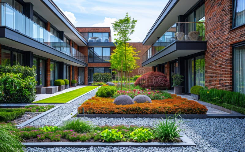 A Courtyard with a Brick Building and a Tree in the Middle. Stock Photo ...