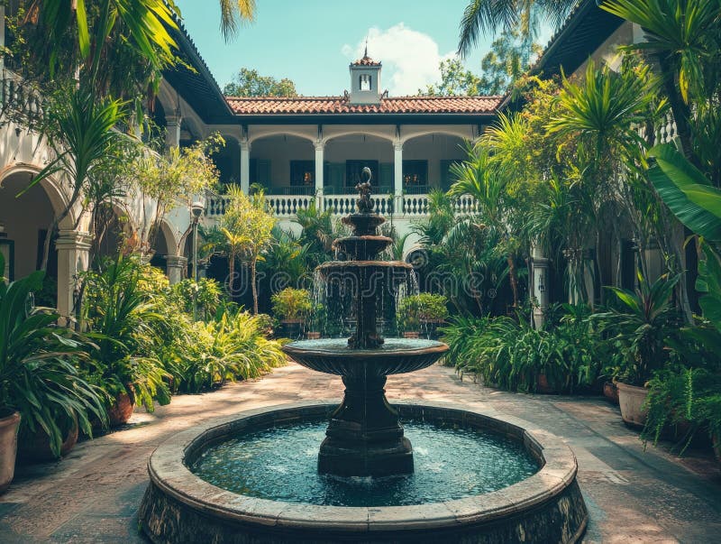 Courtyard with Building and Fountain Stock Image - Image of tourism ...