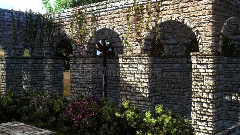 Courtyard of a Castle with Castle Wall Stock Illustration ...