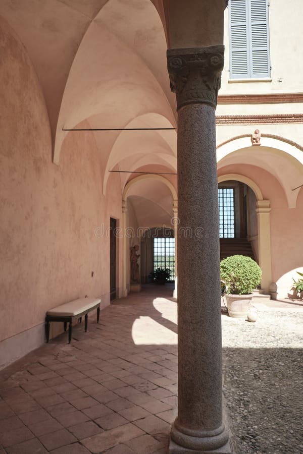 Courtyard with Columns and Arch of Rivalta Castle and Landscape ...